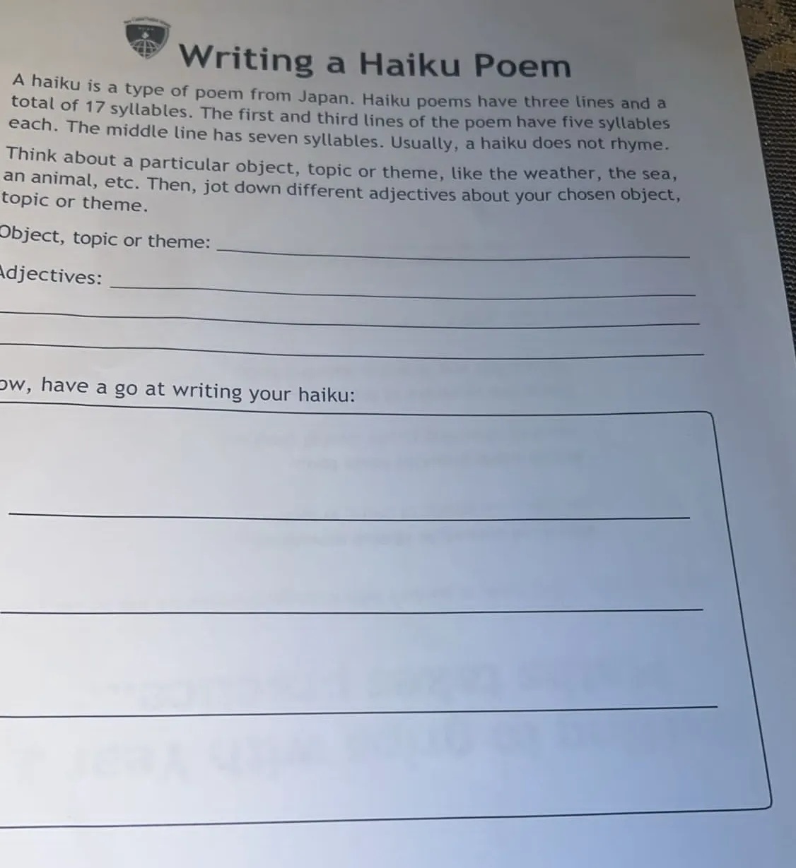Writing a Haiku Poem A haiku is a type of | StudyX