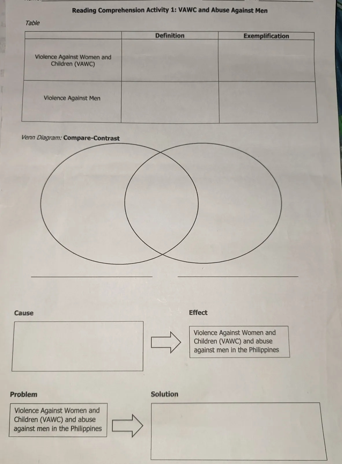 Table Reading Comprehension Activity 1 VAWC | StudyX