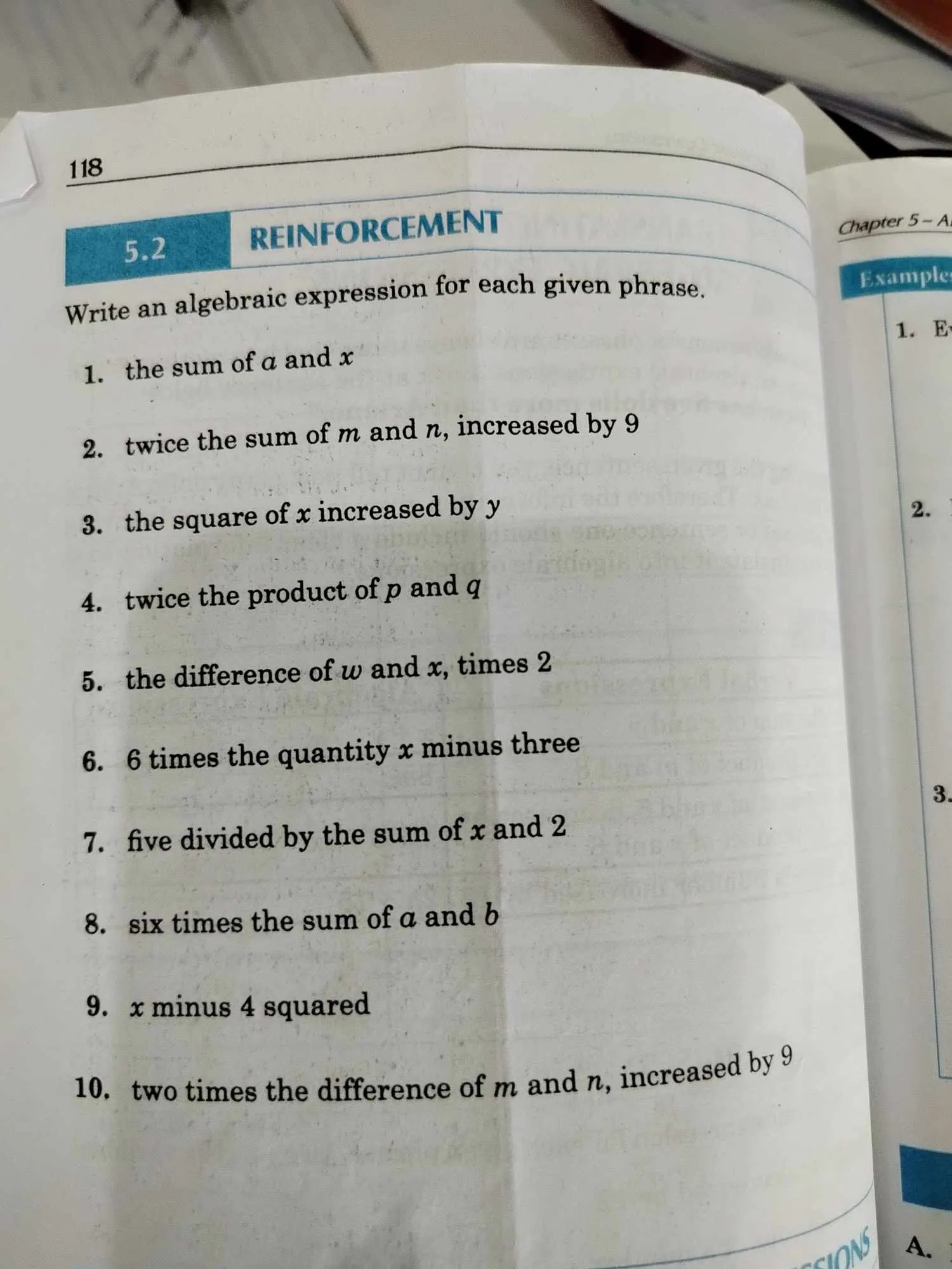 Write an algebraic expression for each given | StudyX
