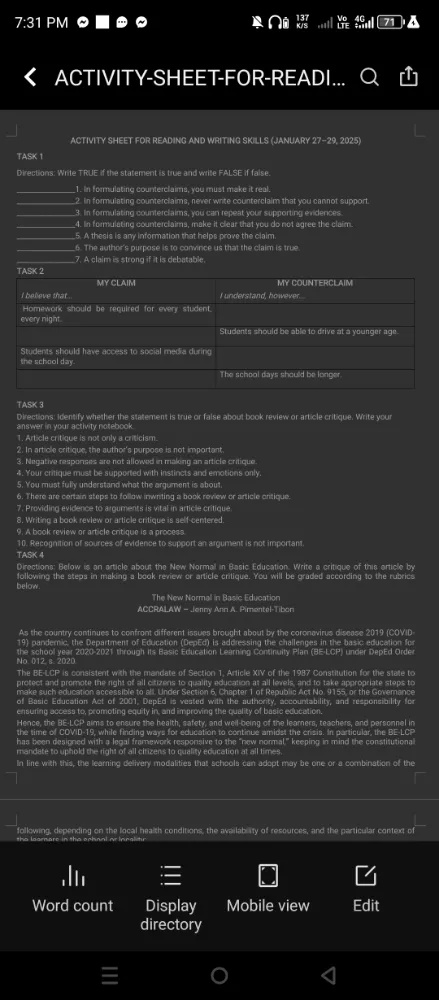 ACTIVITY SHEET FOR READING AND WRITING | StudyX