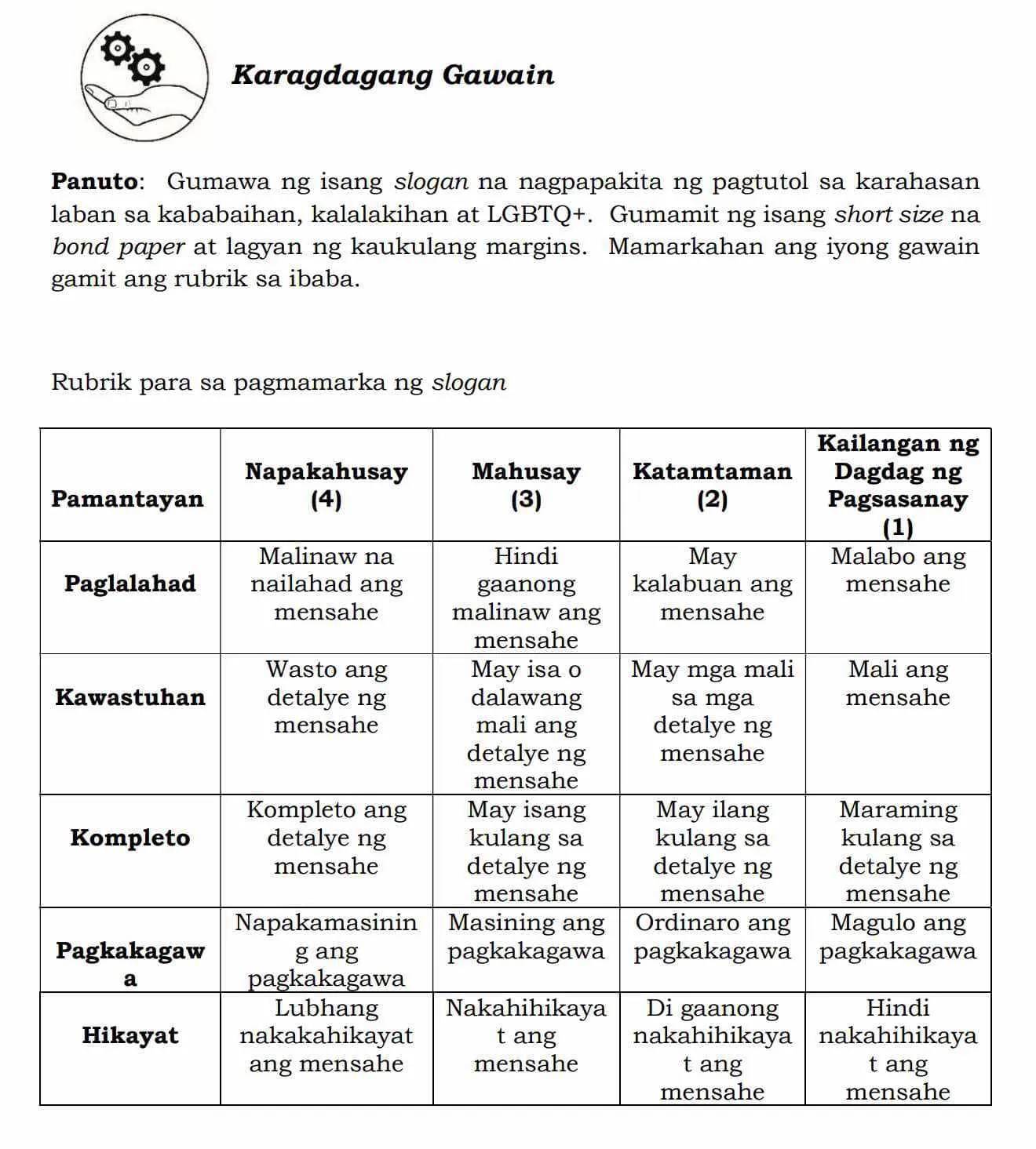 Karagdagang Gawain Panuto Gumawa ng isang | StudyX
