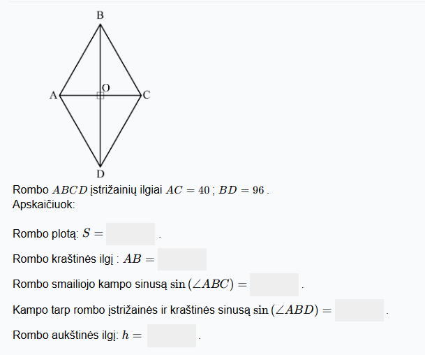 Rombo ABCD striaini ilgiai AC = 40 BD = 96 | StudyX
