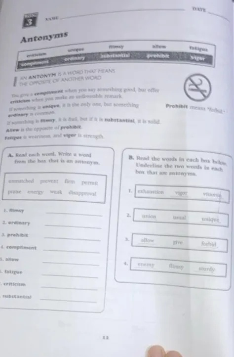 Antonyms criticism unique flimsy allow | StudyX