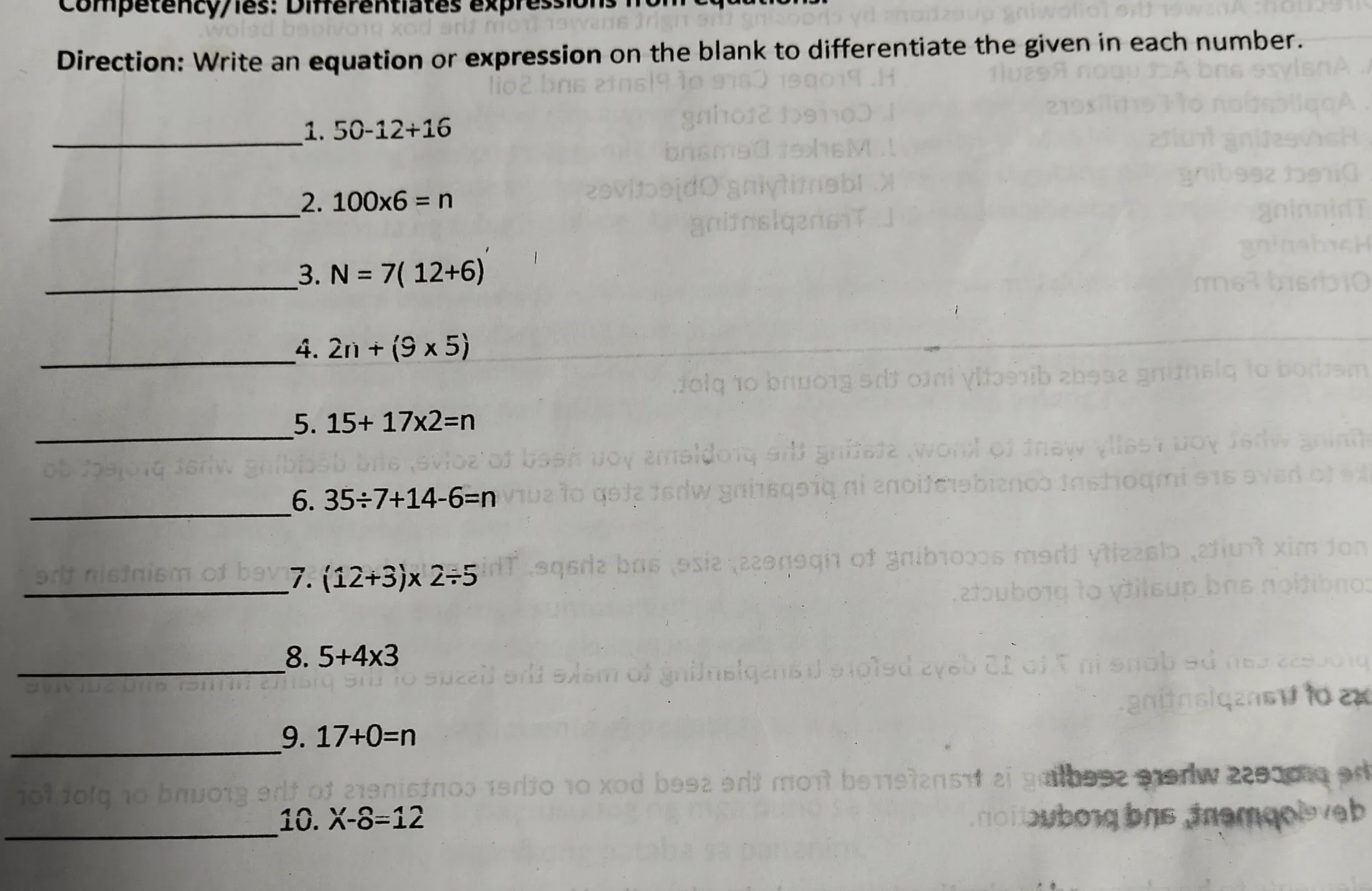 Direction Write an equation or expression on | StudyX