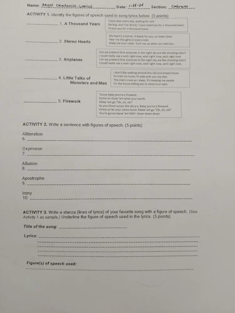 ACTIVITY 1 Identify the figures of speech | StudyX