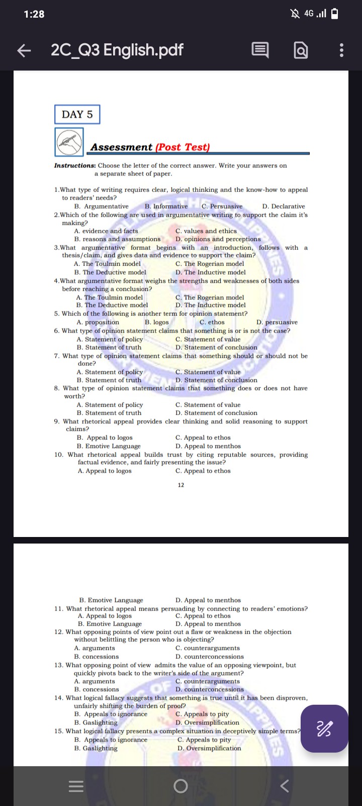 Instructions Choose the letter of the | StudyX