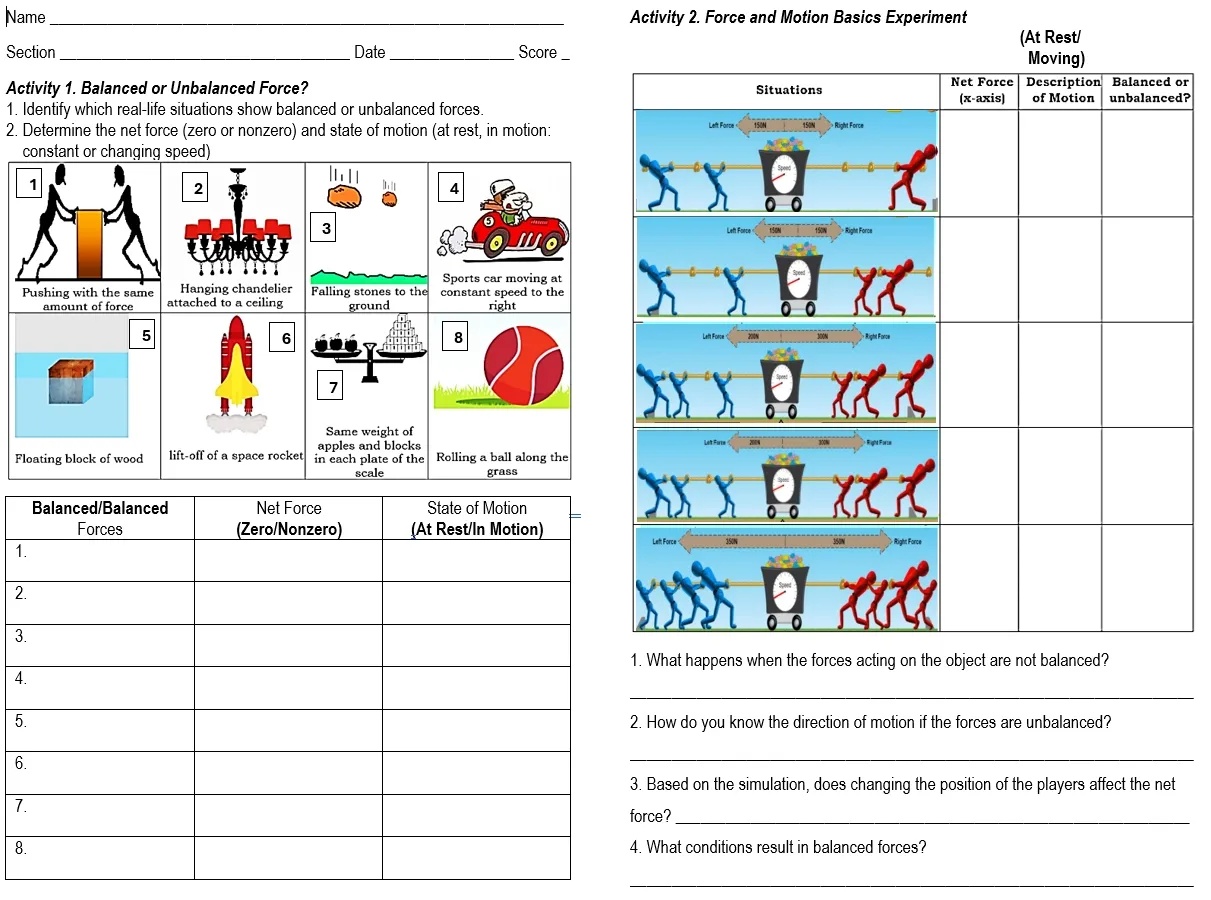 Activity 1 Balanced or Unbalanced Force 1 | StudyX