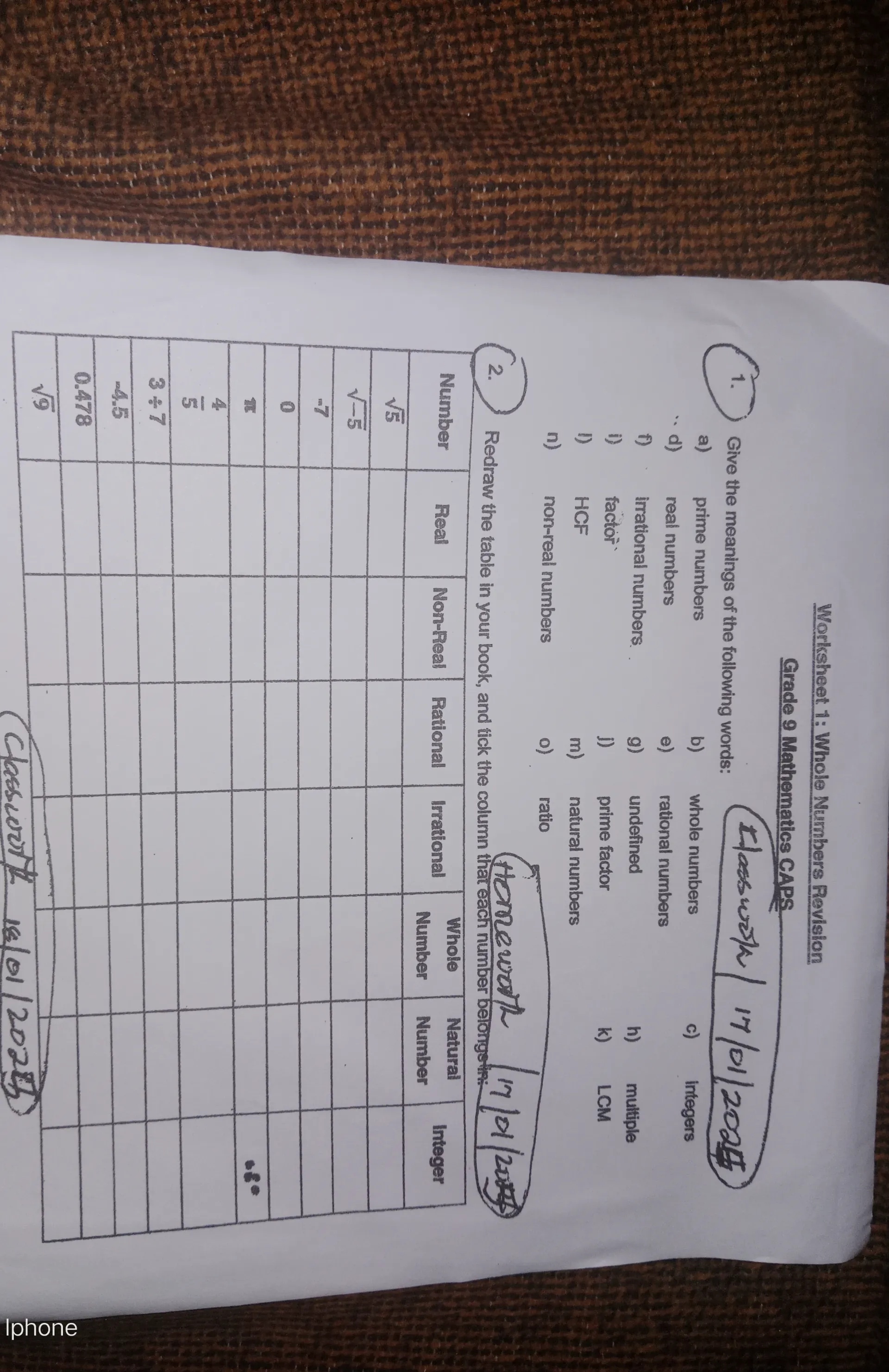 Worksheet 1 Whole Numbers Revision Grade 9 | StudyX