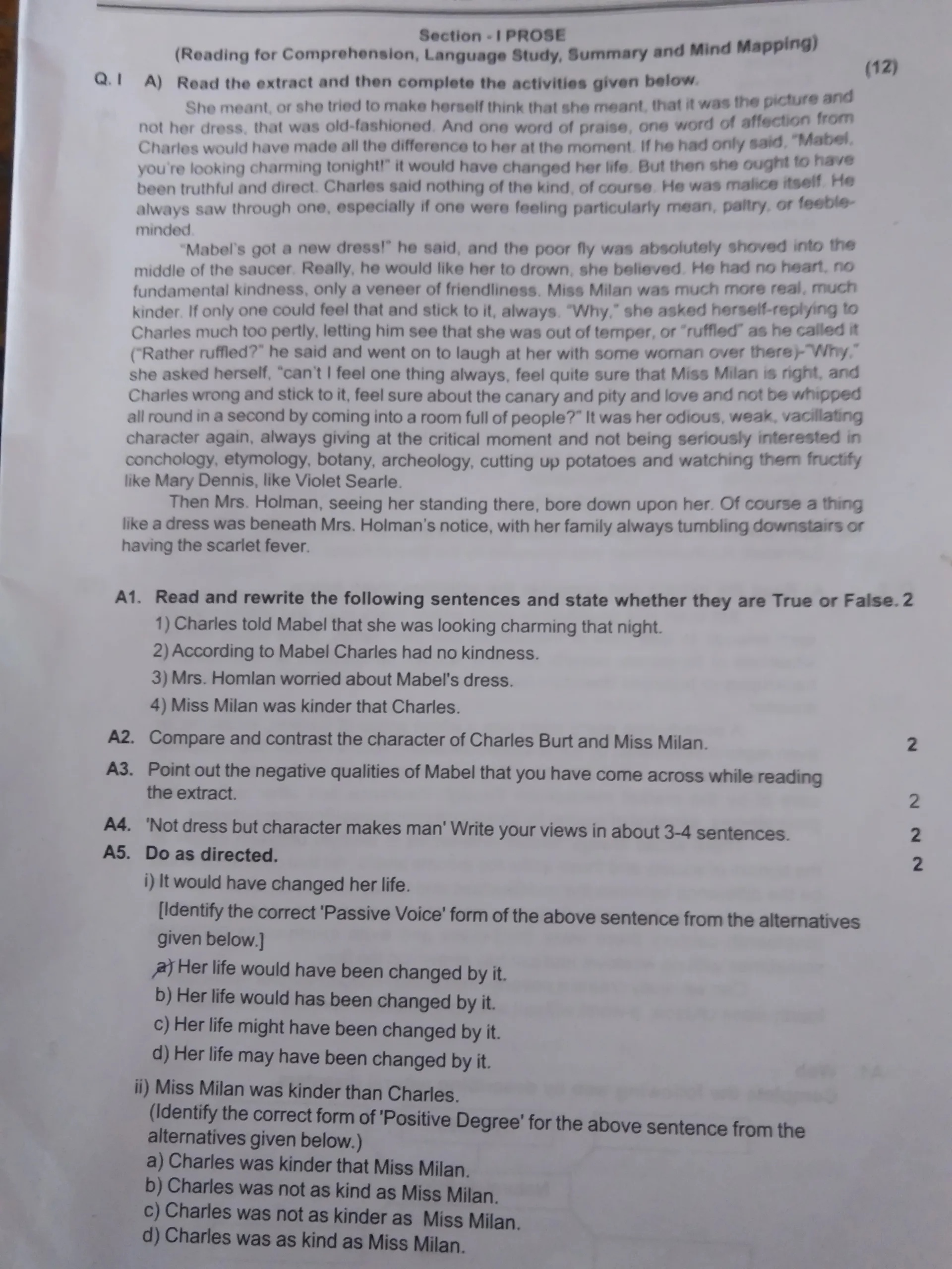 Section - I PROSE (Reading for Comprehension | StudyX