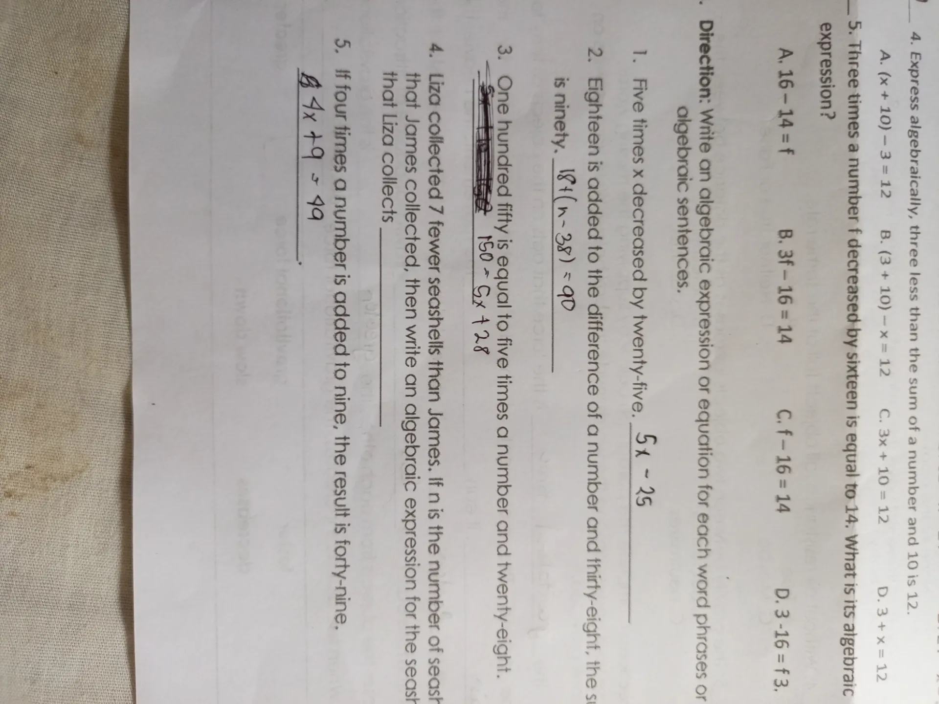 4 Express algebraically three less than the | StudyX