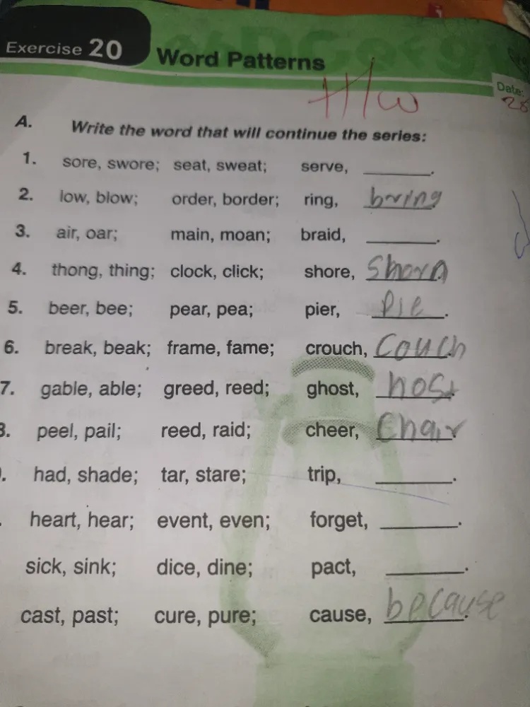 Exercise 20 Word Patterns Write the word | StudyX