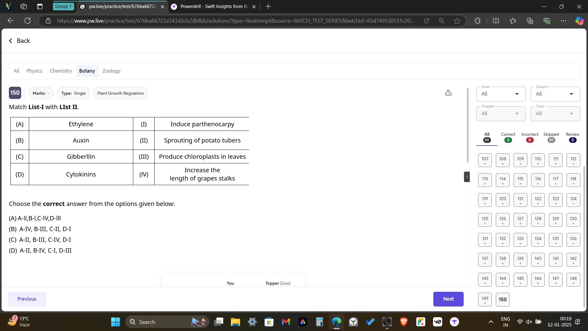 Match List-I with List II (A) Ethylene (I) | StudyX