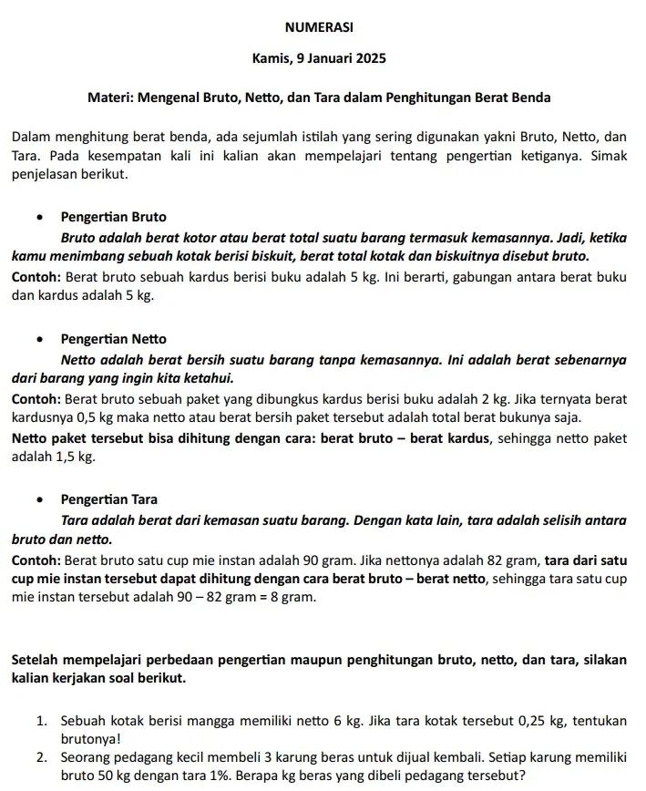 NUMERASI Kamis 9 Januari 2025 Materi | StudyX