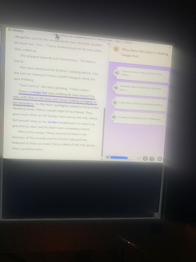 Why does Alex start a skating conga line? It