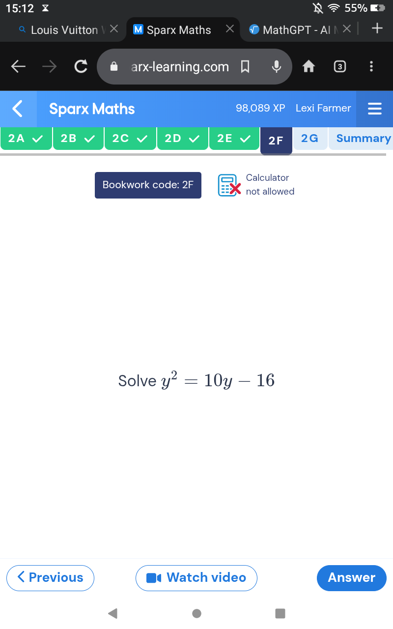 Solve the quadratic equation y^2 = 10y - 16 | StudyX
