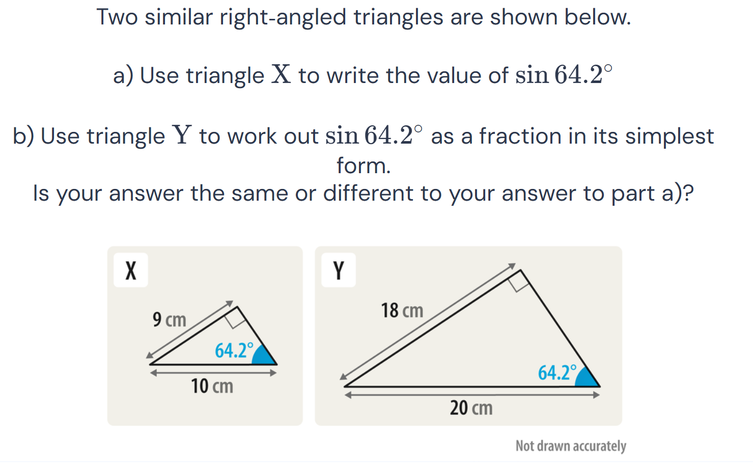 Two similar right-angled triangles are shown