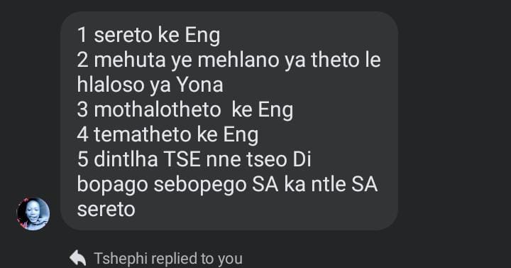 1 sereto ke Eng 2 mehuta ye mehlano ya theto