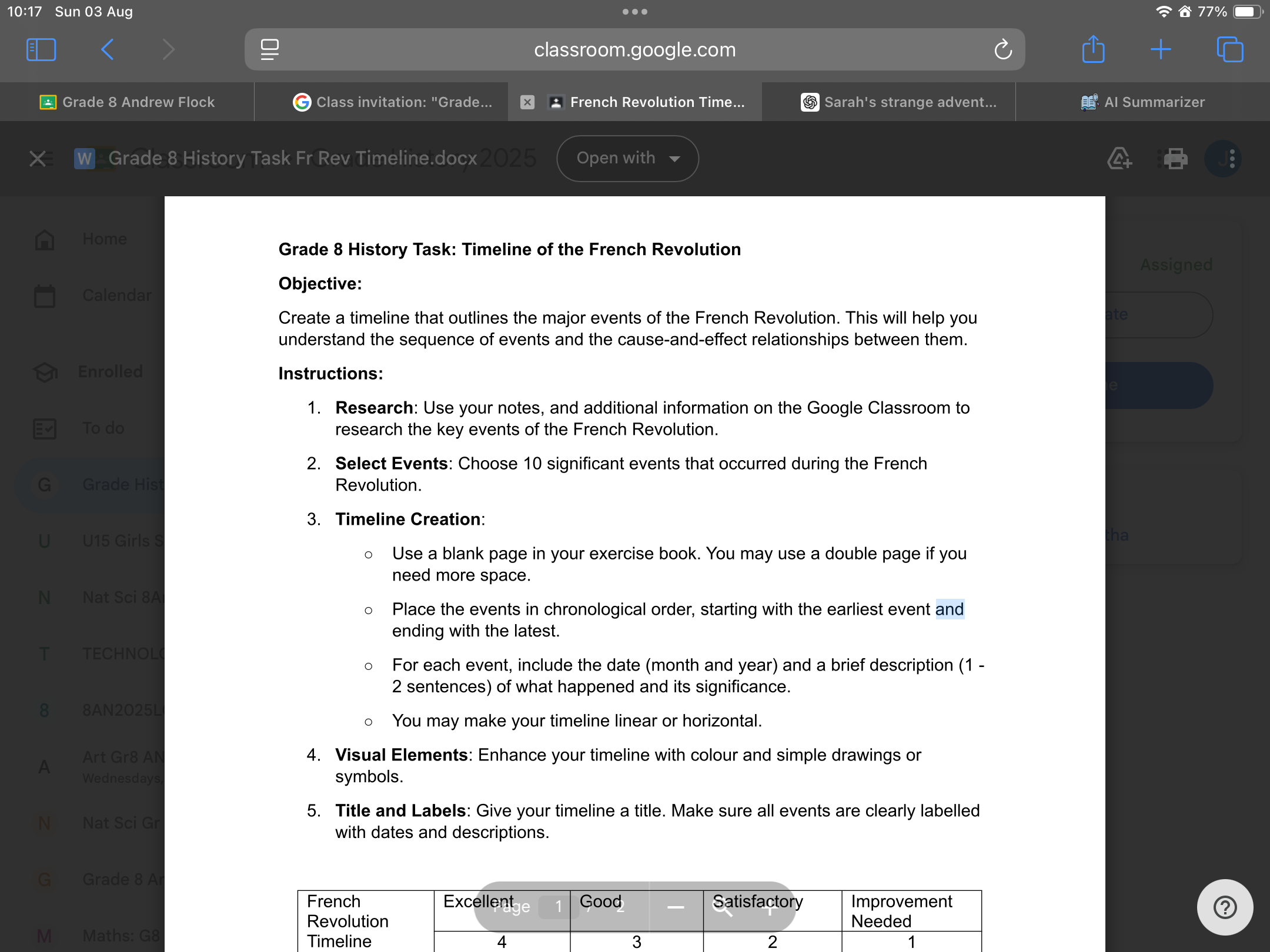 Grade 8 History Task: Timeline of the French | StudyX