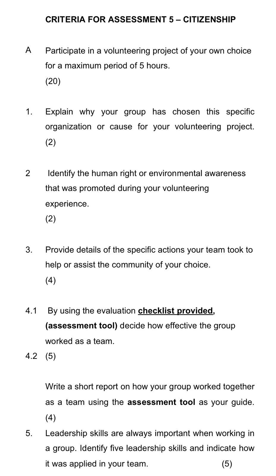 CRITERIA FOR ASSESSMENT 5 – CITIZENSHIP A | StudyX