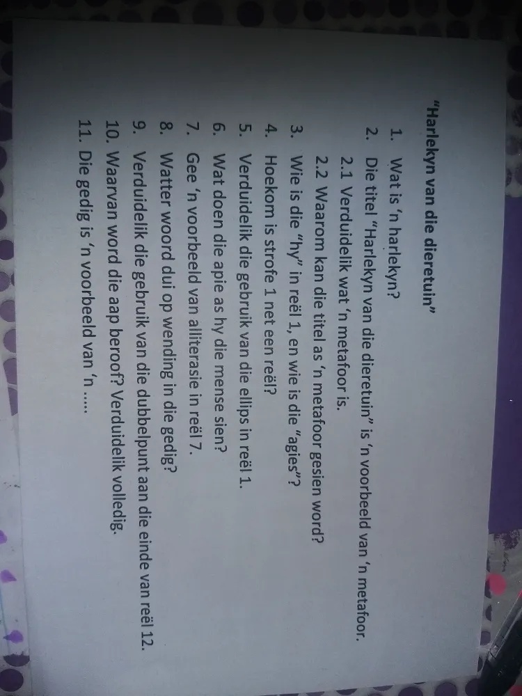 "Harlekyn van die dieretuin" 1. Wat is 'n | StudyX