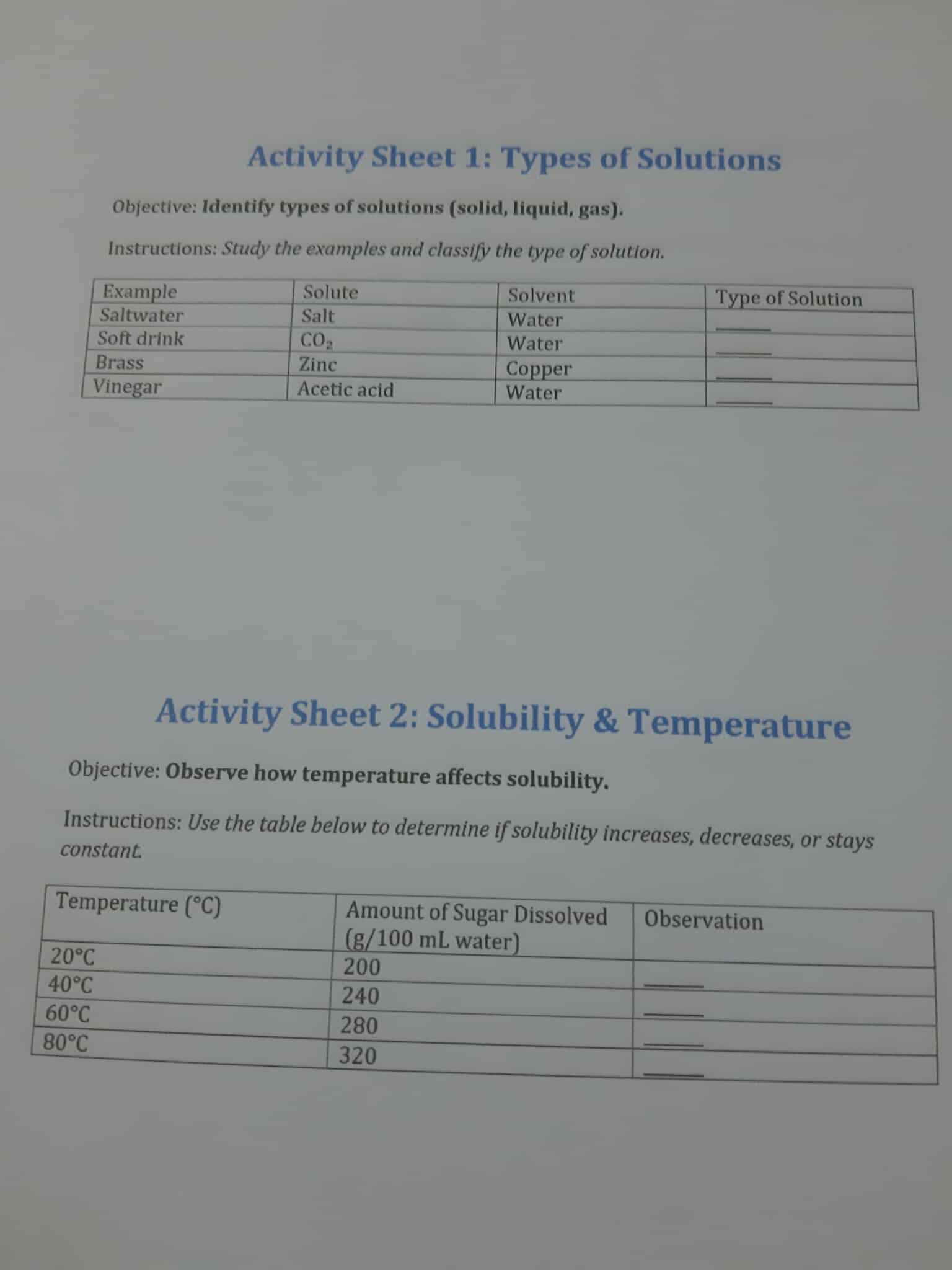 Activity Sheet 1: Types of Solutions | StudyX