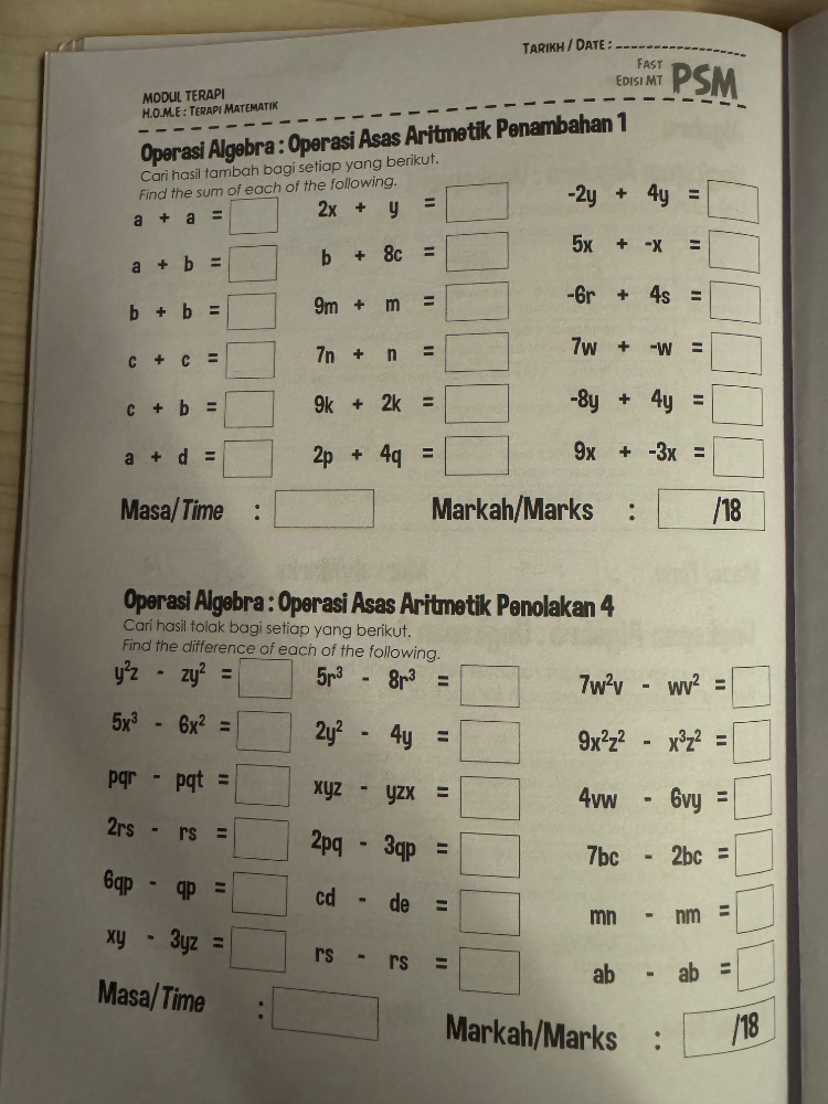 Operasi Algebra : Operasi Asas Aritmetik