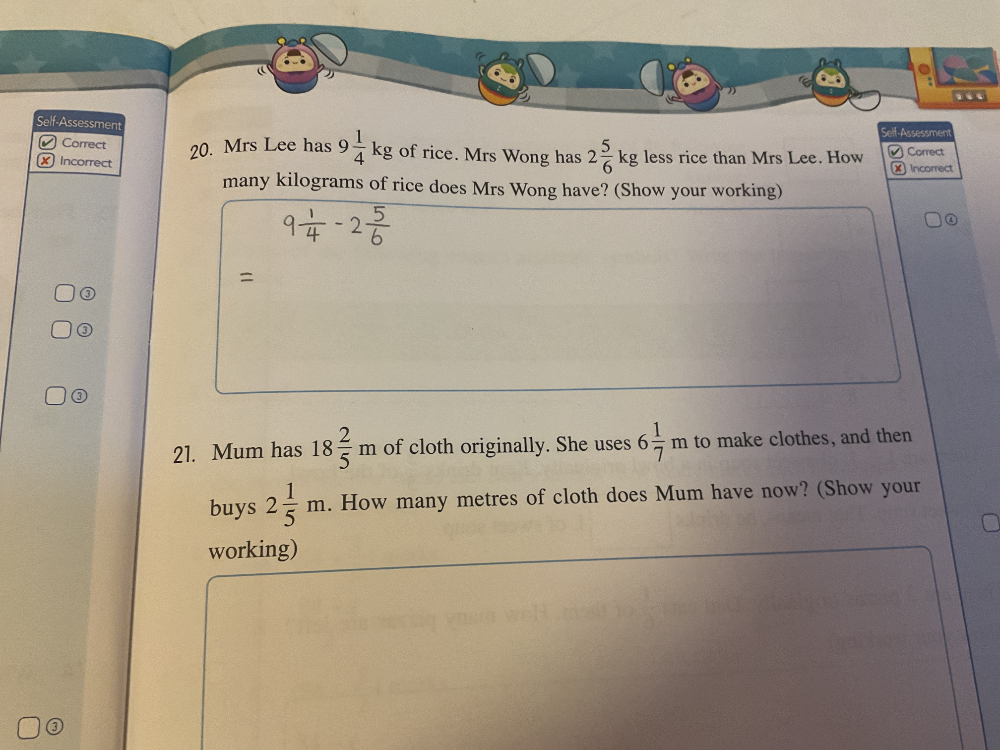 Mrs Lee has $9 {1}{4}$ kg of rice. Mrs Wong
