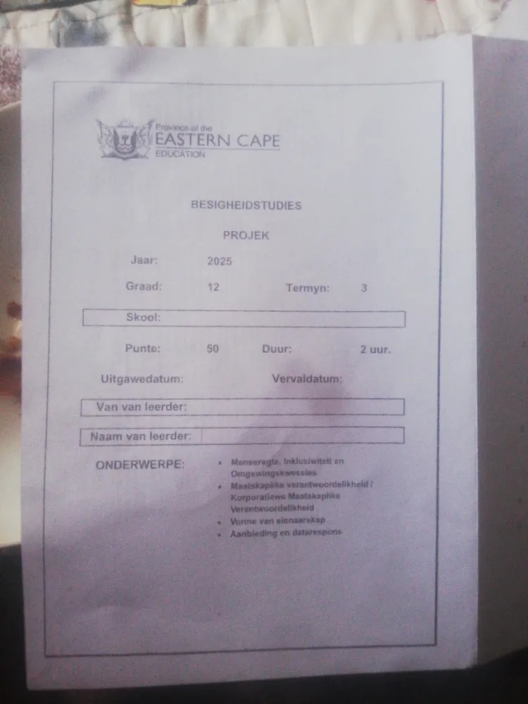 BESIGHEIDSTUDIES PROJEK Jaar: 2025 Graad: 12