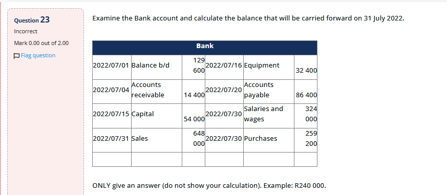 Examine the Bank account and calculate the