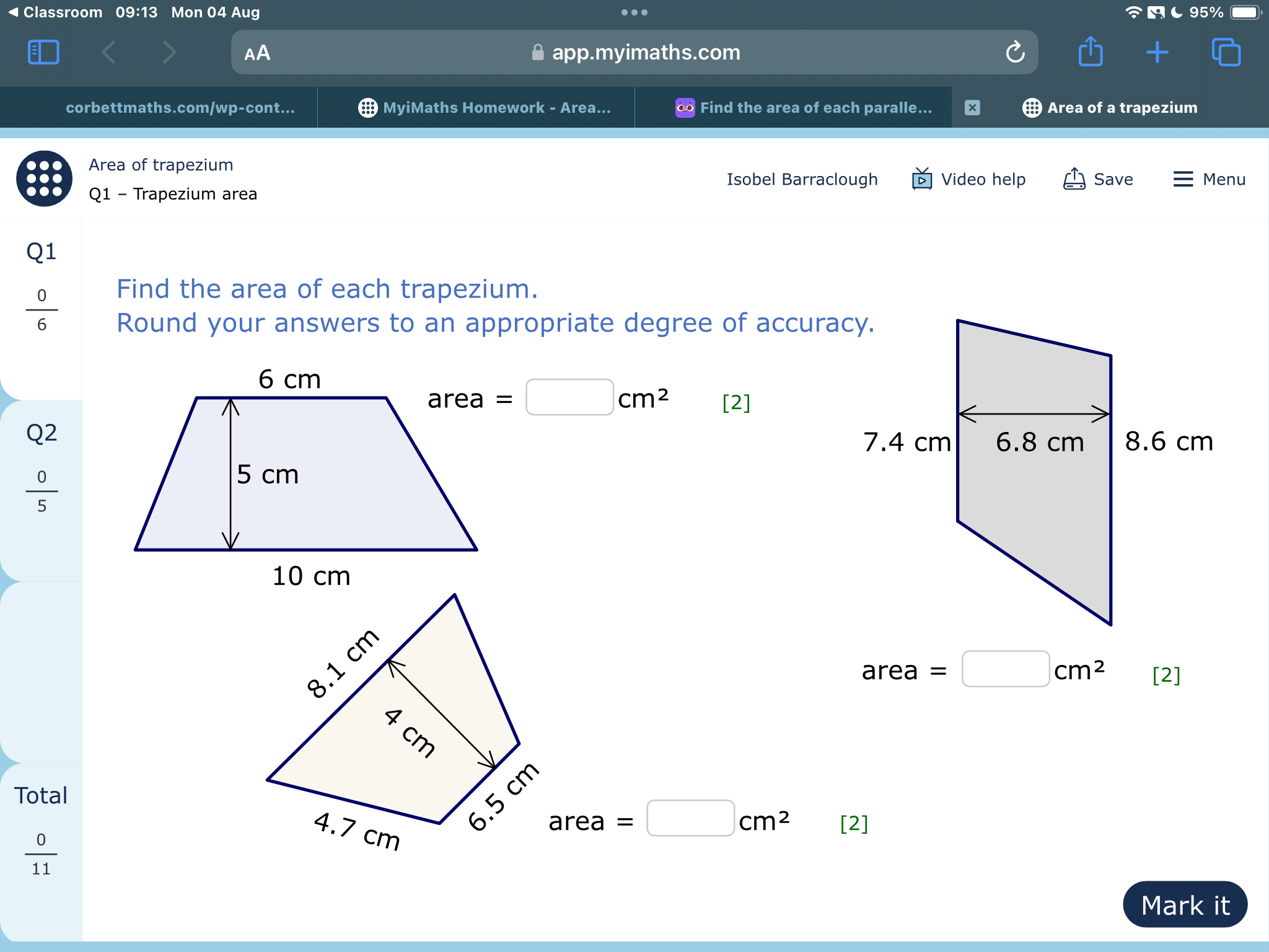Find the area of each trapezium. Round your | StudyX