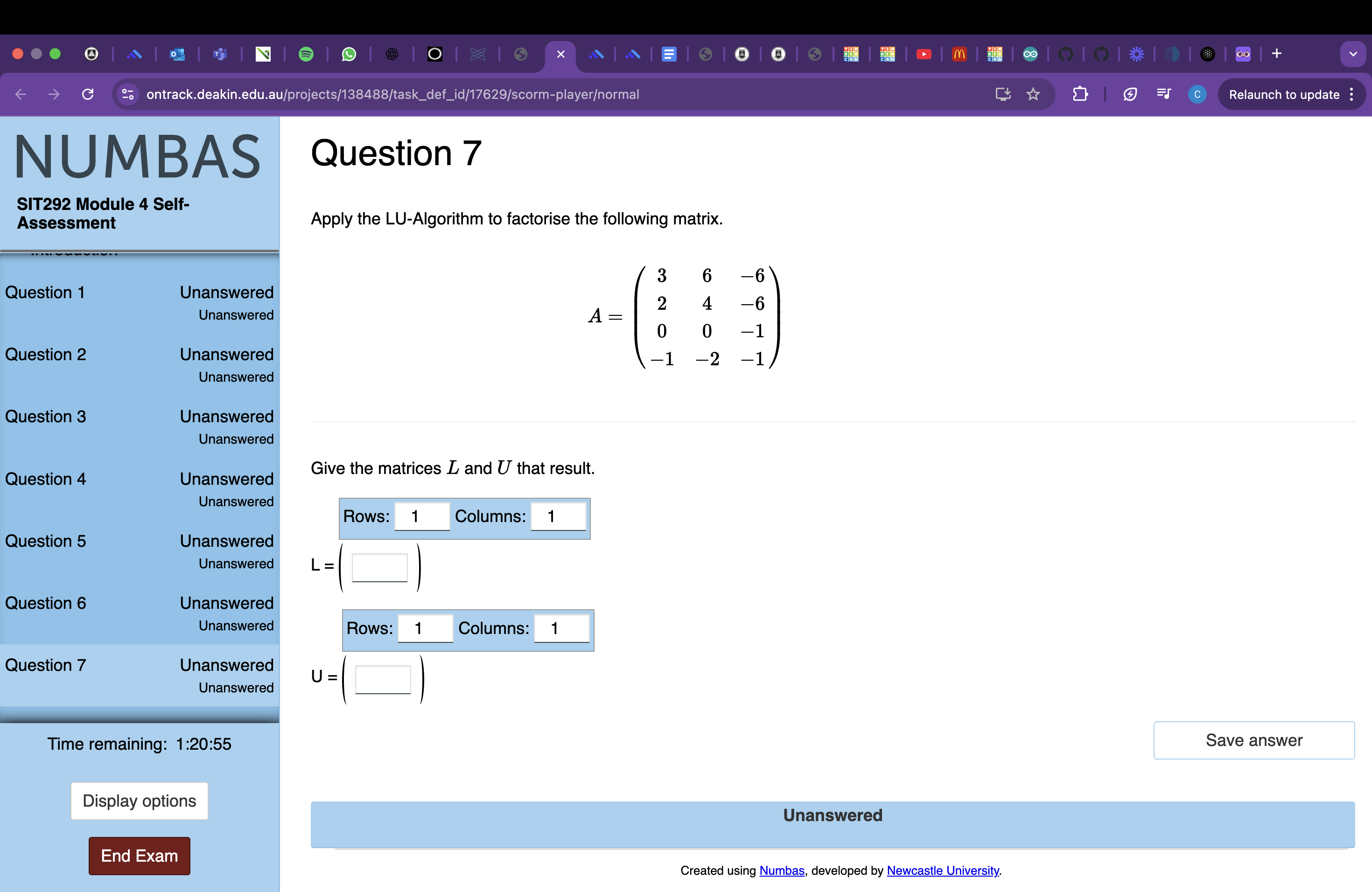 Apply the LU-Algorithm to factorise the
