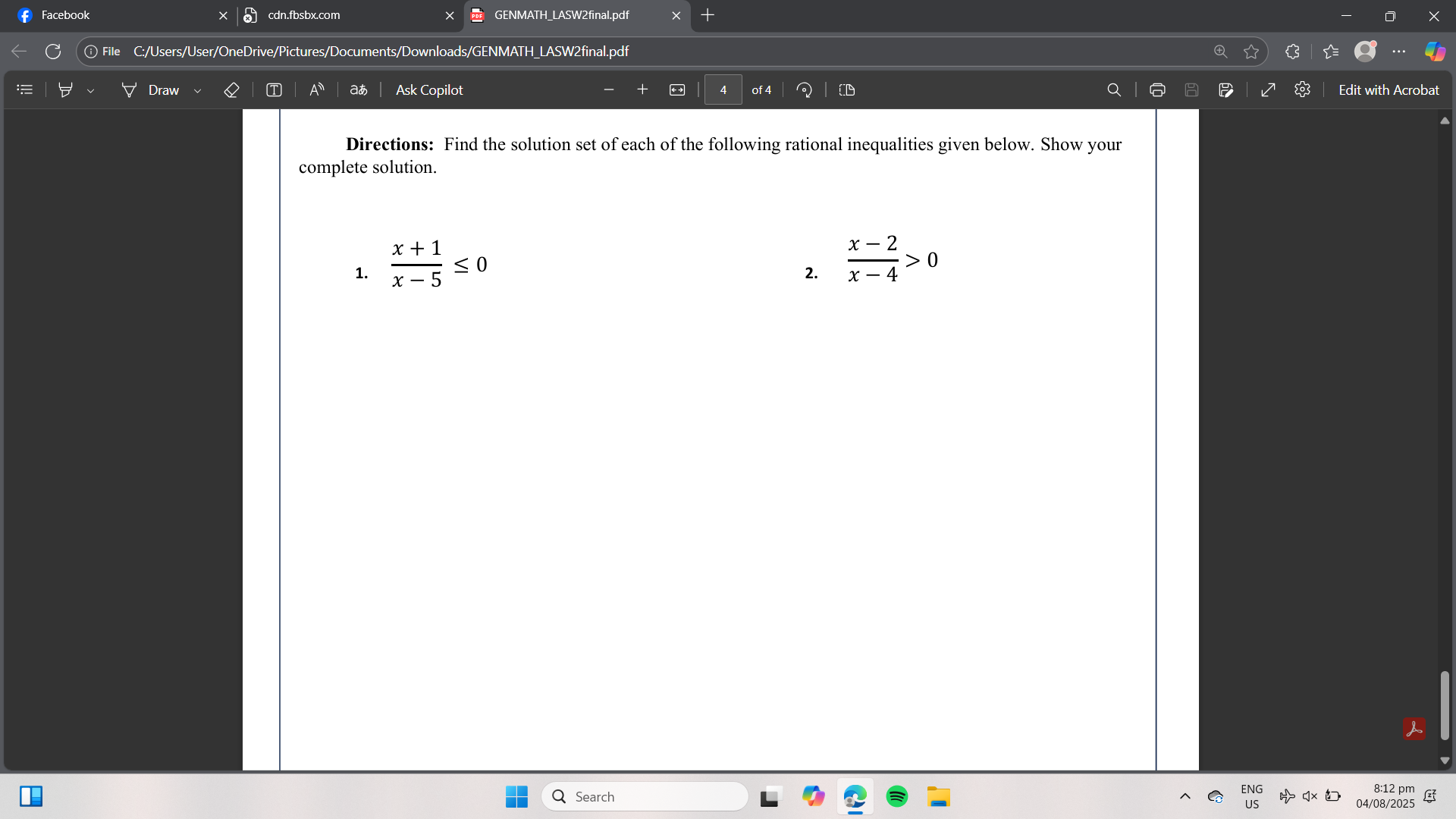 Directions: Find the solution set of each of | StudyX