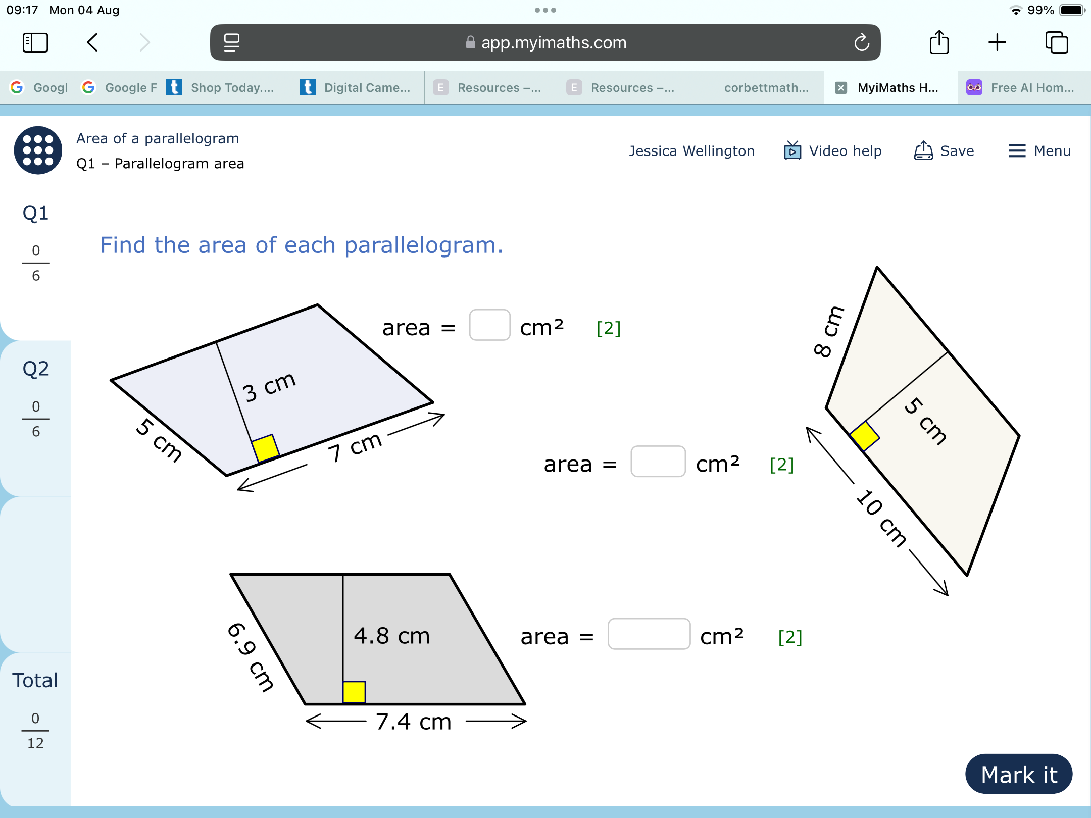 Find the area of each parallelogram. area