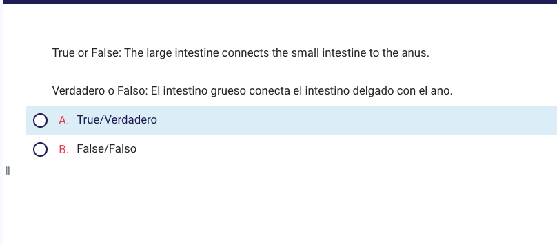 True or False: The large intestine connects | StudyX
