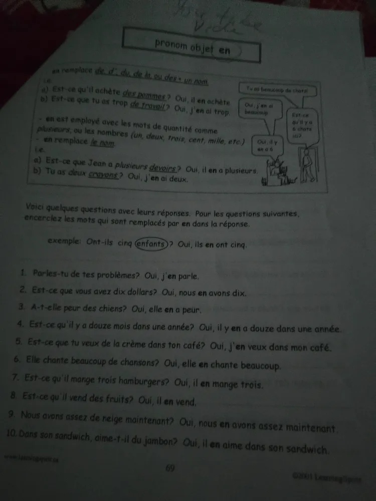 pronom objet en * en remplace de, d', du, | StudyX