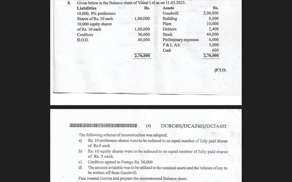 8. Given below is the Balance sheet of | StudyX