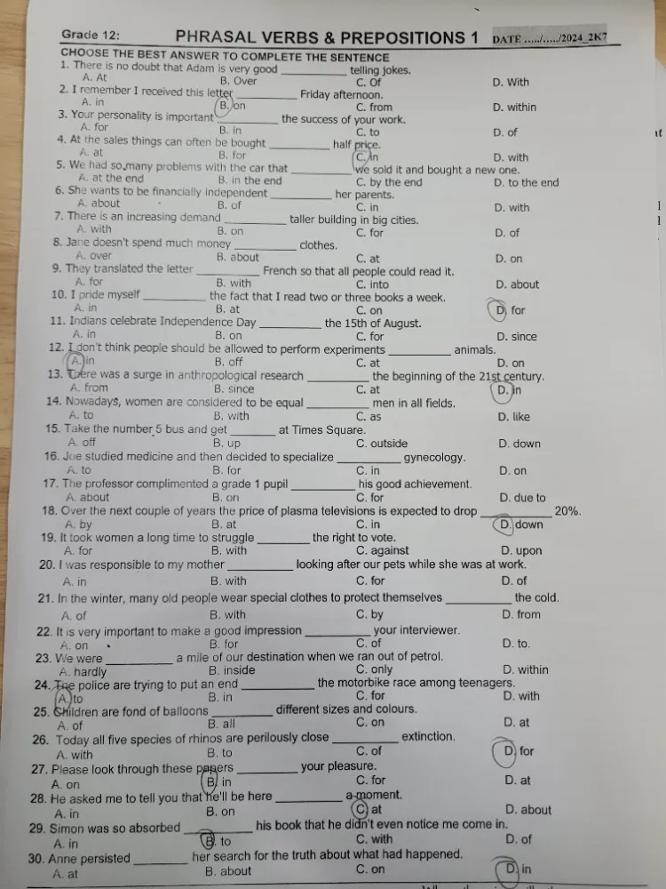 Grade 12: PHRASAL VERBS \ PREPOSITIONS 1 | StudyX