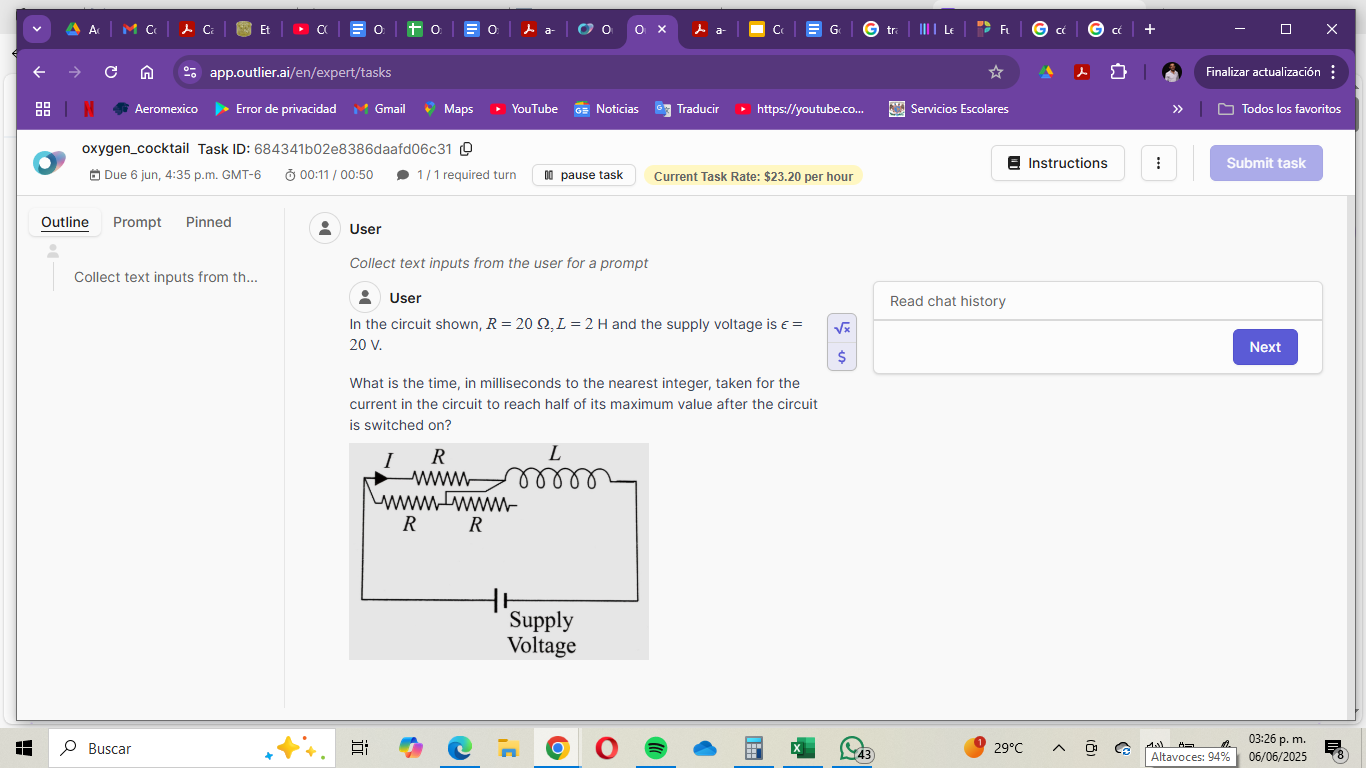 In the circuit shown, $R = 20 $, $L = 2 H$