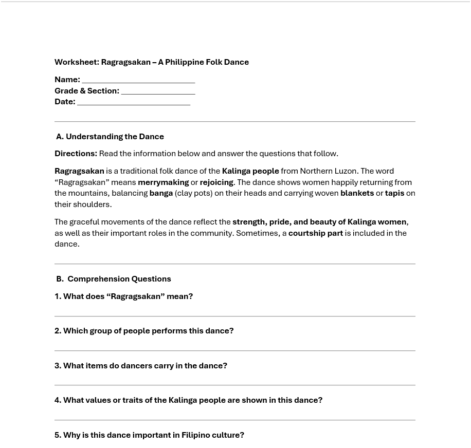 Worksheet: Ragragsakan - A Philippine Folk | StudyX