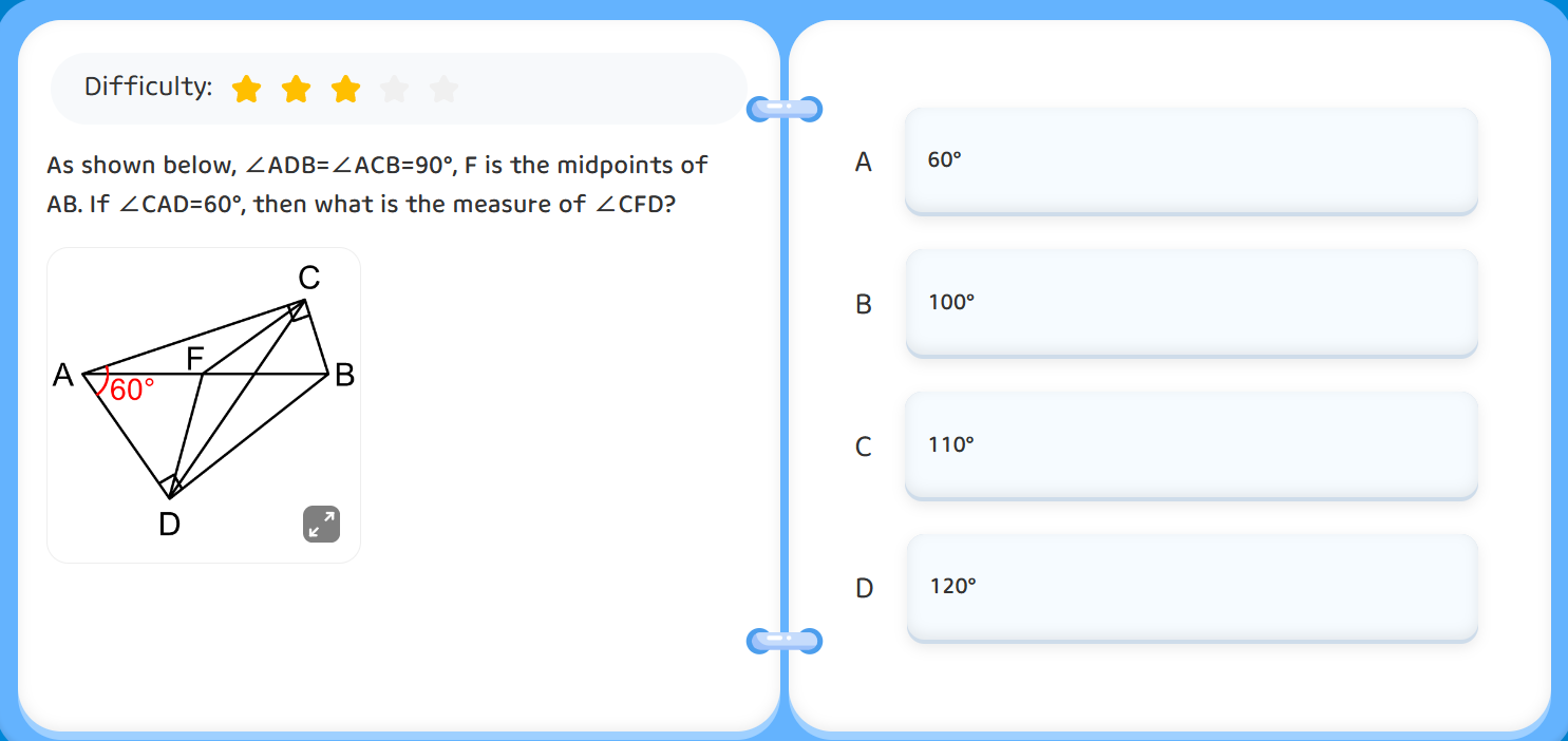 As shown below, $ ADB = ACB = 90^ $, F is | StudyX
