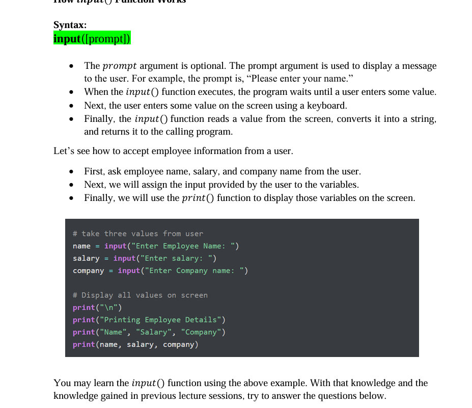 Syntax: input([prompt]) • The prompt | StudyX