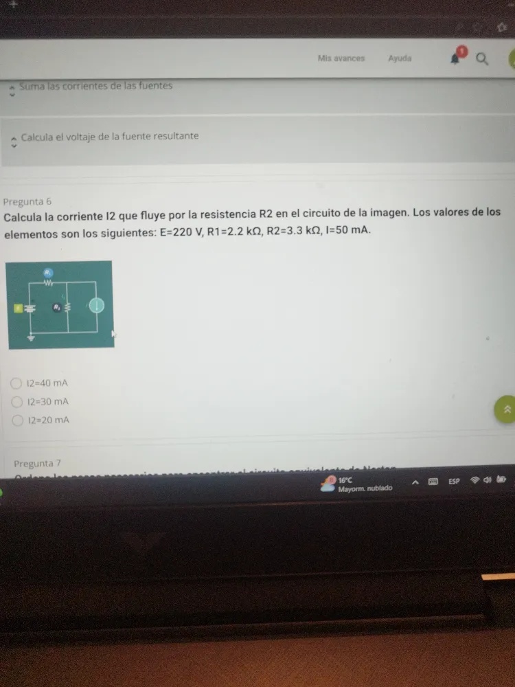 Calcula la corriente I2 que fluye por la | StudyX