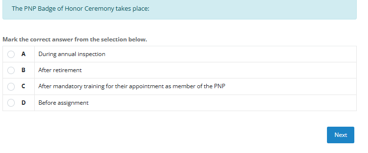 The PNP Badge of Honor Ceremony takes place: | StudyX