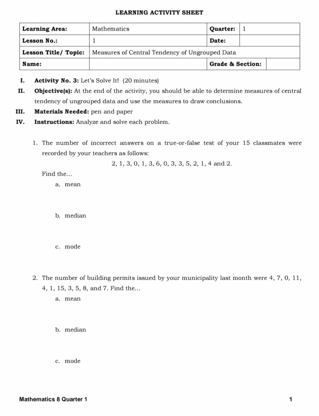 Learning Activity Sheet I Activity No 3 Studyx