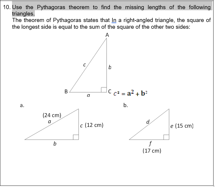 10. Use the Pythagoras theorem to find the | StudyX