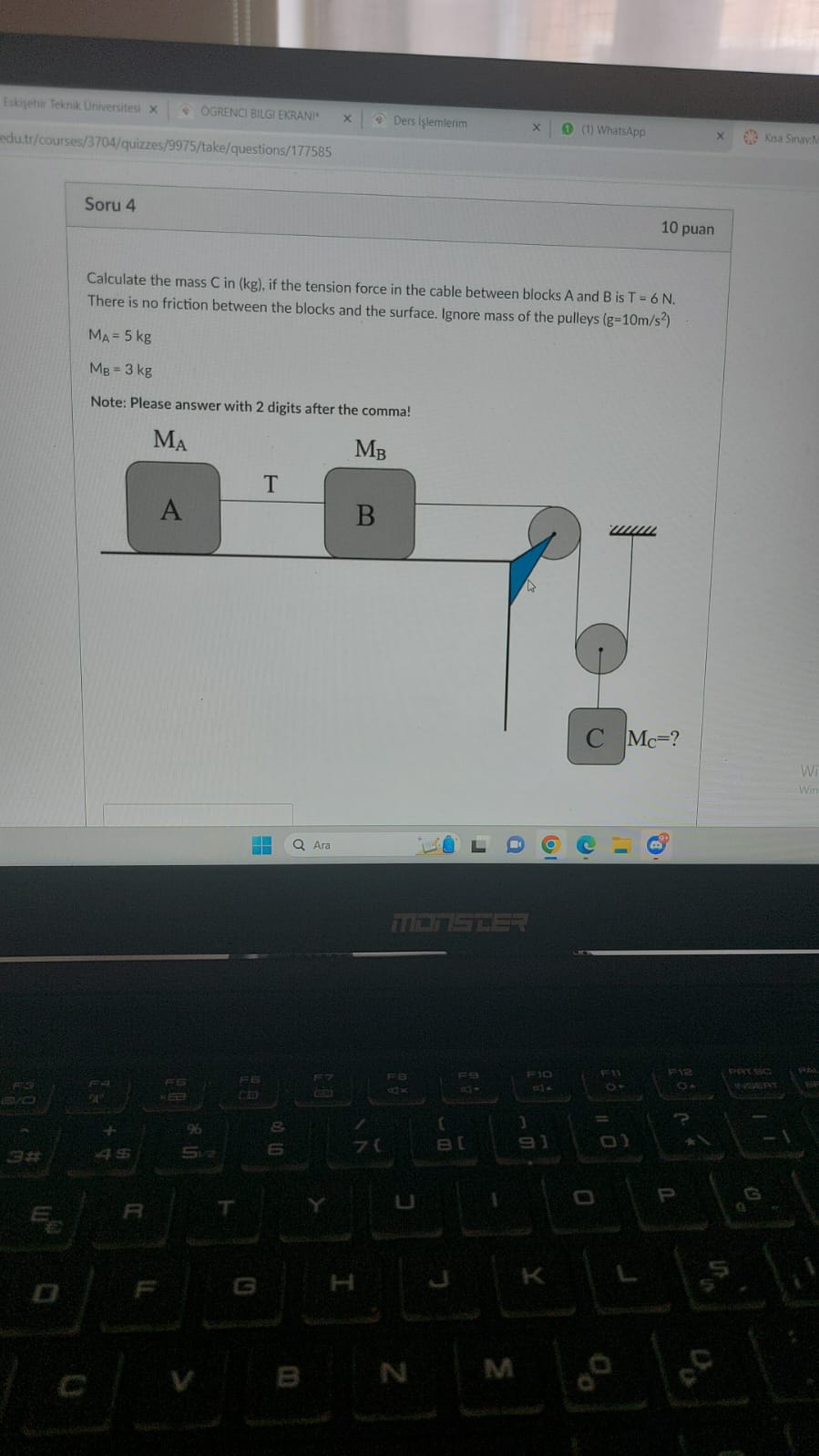 Calculate the mass C in (kg), if the tension | StudyX