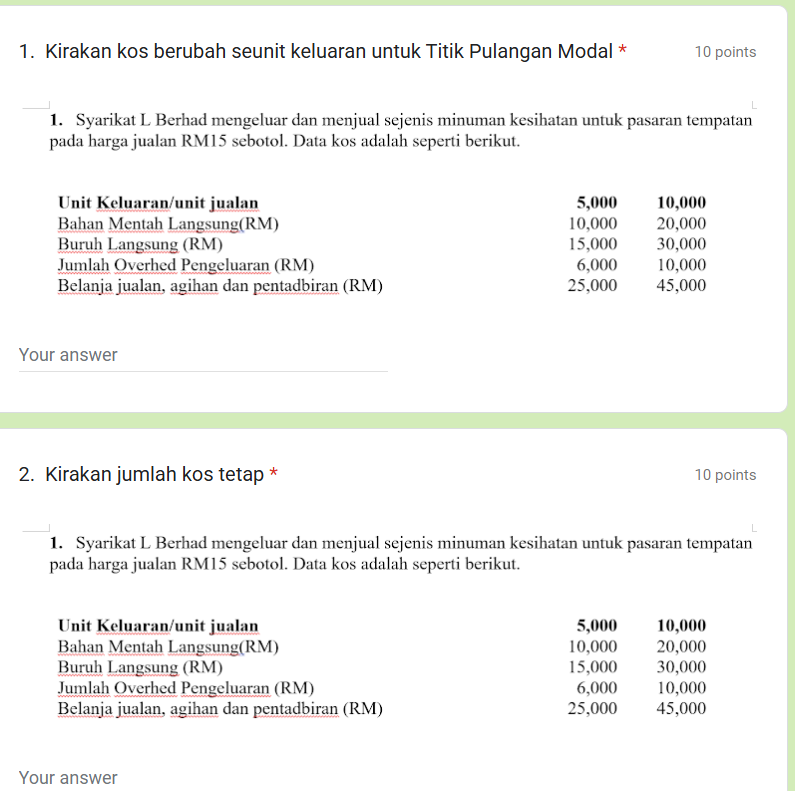 1. Kirakan kos berubah seunit keluaran untuk | StudyX
