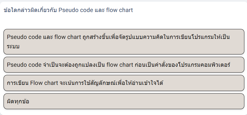 ข้อใดกล่าวผิดเกี่ยวกับ Pseudo code และ flow | StudyX