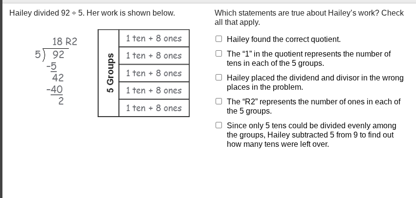 Hailey divided 92 ÷ 5. Her work is shown | StudyX