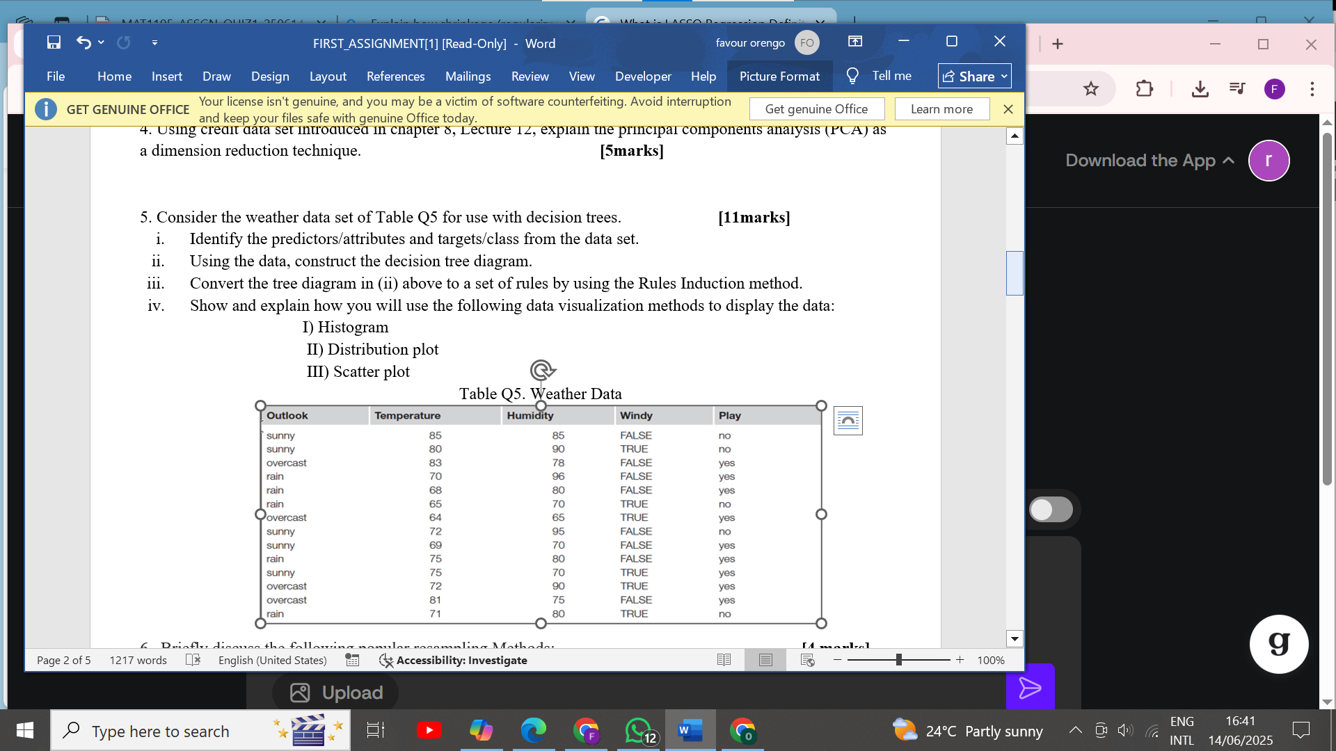 5. Consider the weather data set of Table Q5 | StudyX